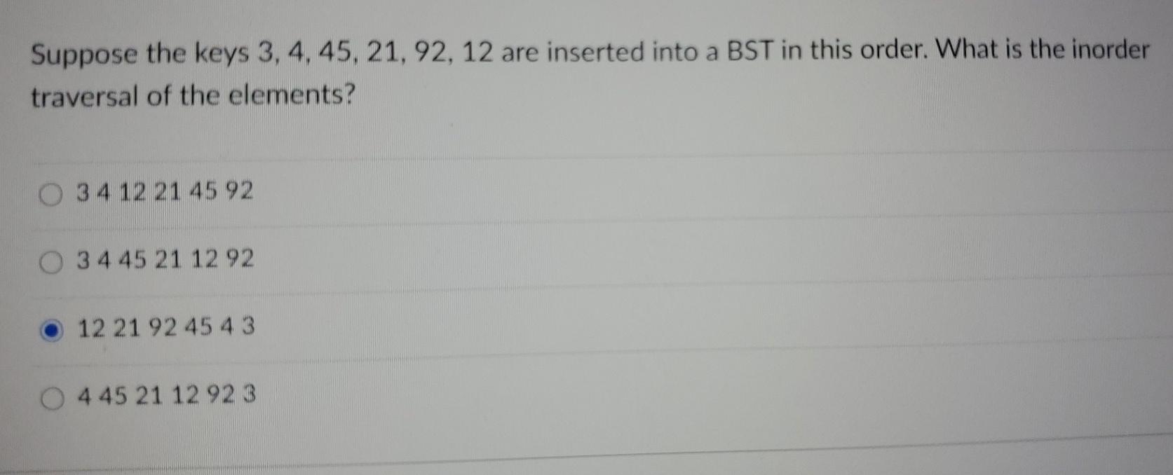 Solved Suppose the keys 3,4, 45, 21, 92, 12 are inserted | Chegg.com