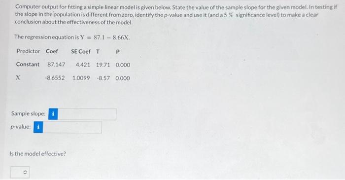 Solved Computer output for fitting a simple linear model is | Chegg.com