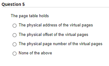 Solved Question 5The page table holdsThe physical address of | Chegg.com