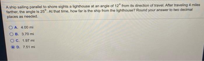 Solved A ship sailing parallel to shore sights a lighthouse | Chegg.com