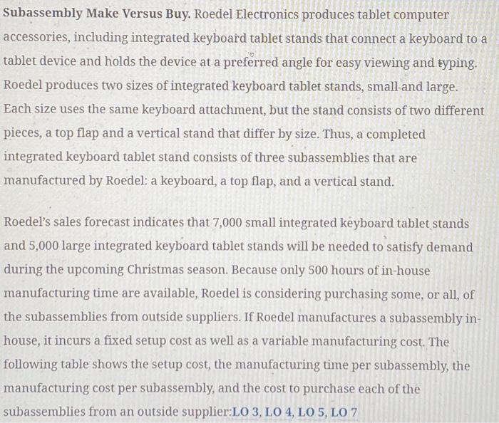 Solved Subassembly Make Versus Buy. Roedel Electronics | Chegg.com