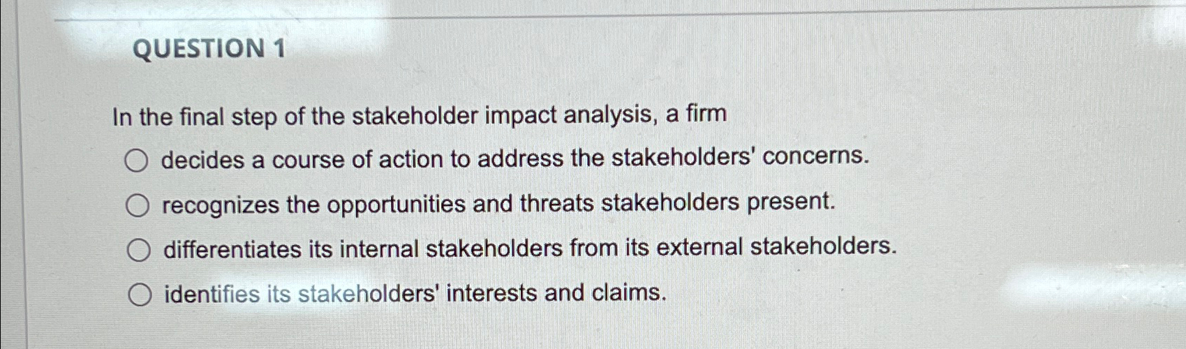 Solved QUESTION 1In the final step of the stakeholder impact | Chegg.com
