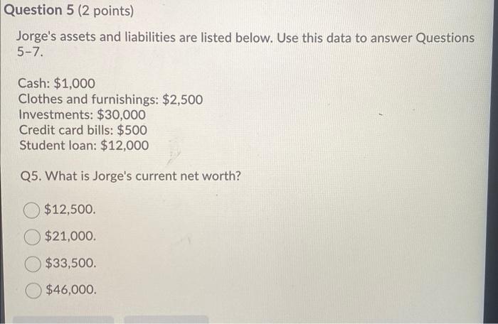 Solved Jorge's assets and liabilities are listed below. Use | Chegg.com