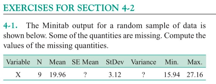 Solved EXERCISES FOR SECTION 4-2 4-1. The Minitab output for | Chegg.com