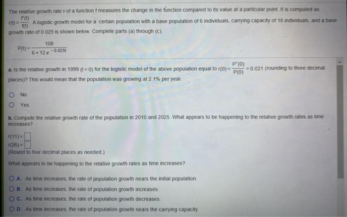 Solved The relative growth rate r of a function measures the | Chegg.com
