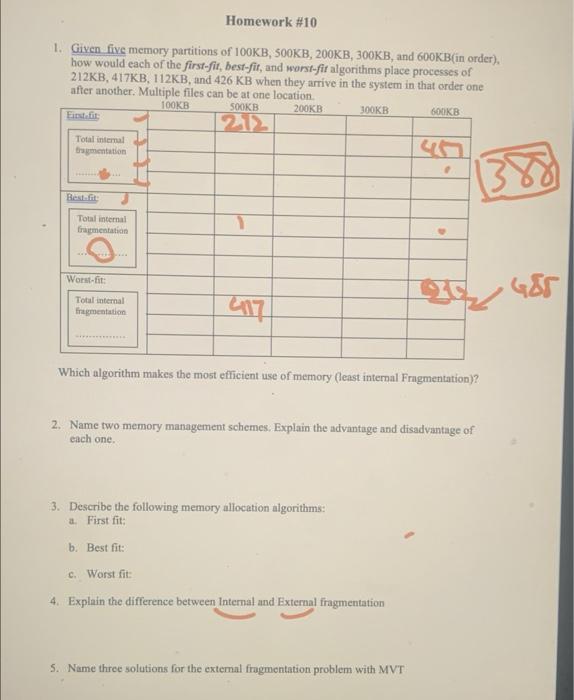 Solved Homework #10 1. Given five memory partitions of | Chegg.com