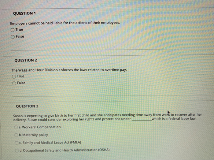 Solved QUESTION 1 Employers cannot be held liable for the | Chegg.com