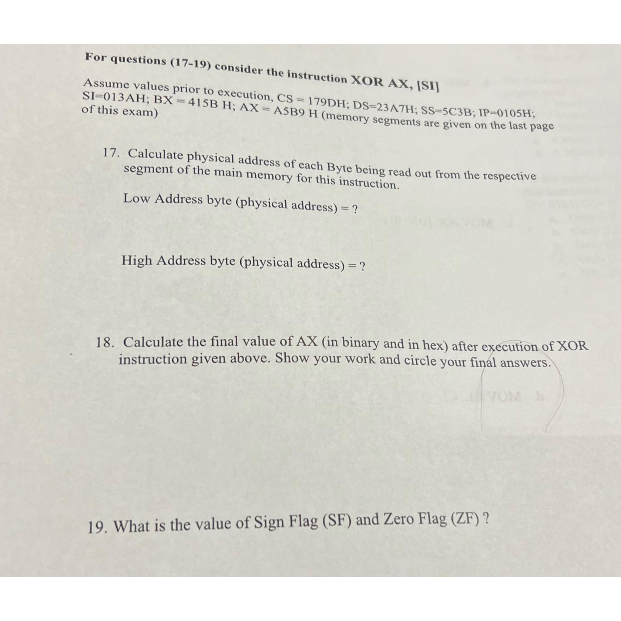 Solved For questions (17-19) ﻿consider the instruction XOR | Chegg.com
