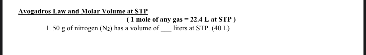 Solved Avogadros Law and Molar Volume at STP( 1 ﻿mole of any | Chegg.com