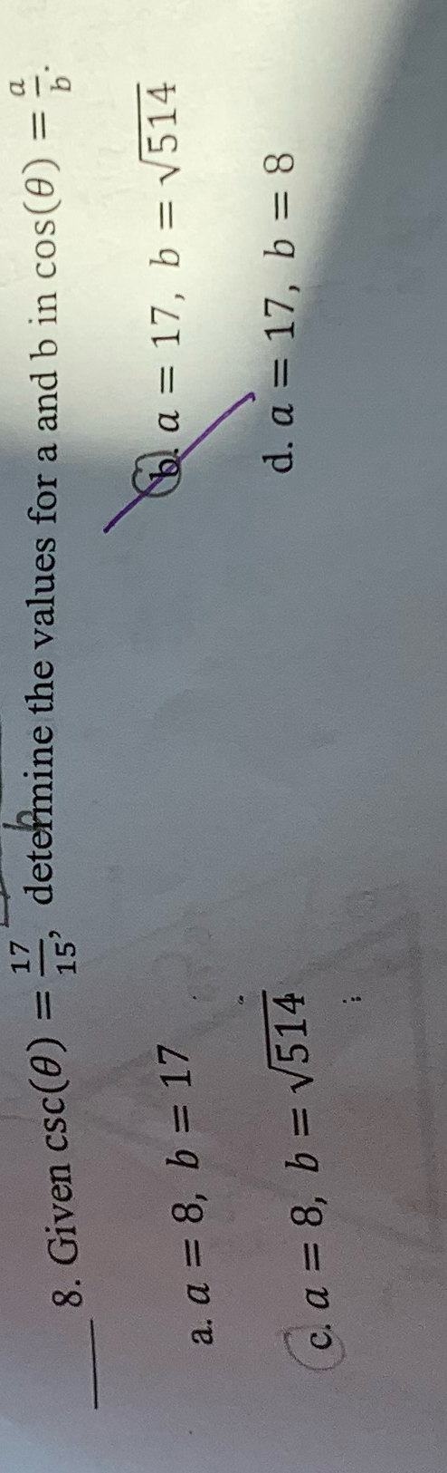 Solved Given csc(θ)=1715, ﻿determine the values for a and b | Chegg.com