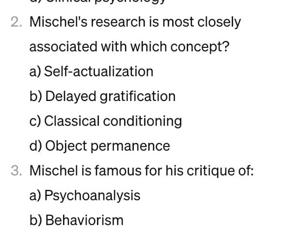 Solved Mischel's research is most closely associated with | Chegg.com