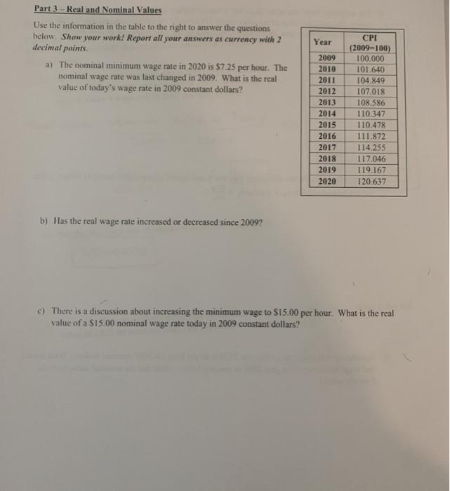 Solved Year Part 3 - Real and Nominal Values Use the | Chegg.com
