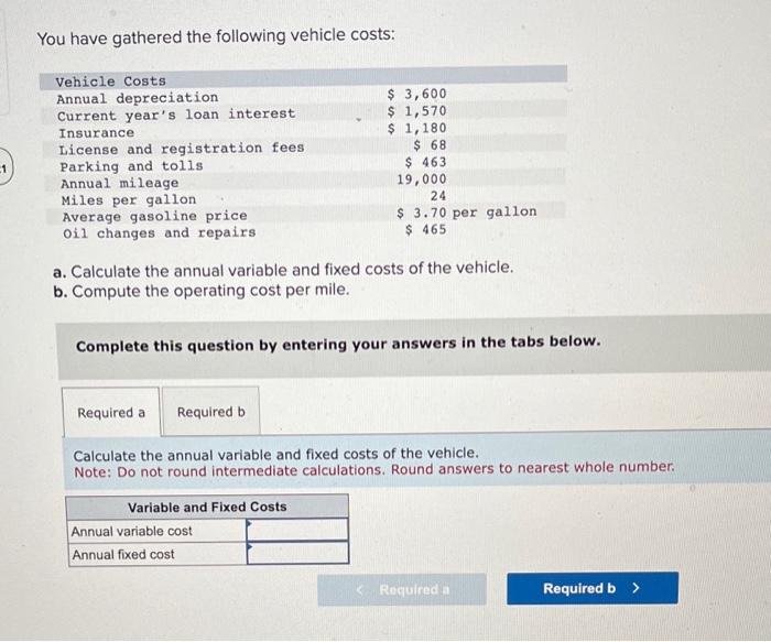 Solved You have gathered the following vehicle costs: a. | Chegg.com