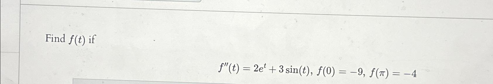 Solved Find f(t) ﻿iff''(t)=2et+3sin(t),f(0)=-9,f(π)=-4 | Chegg.com