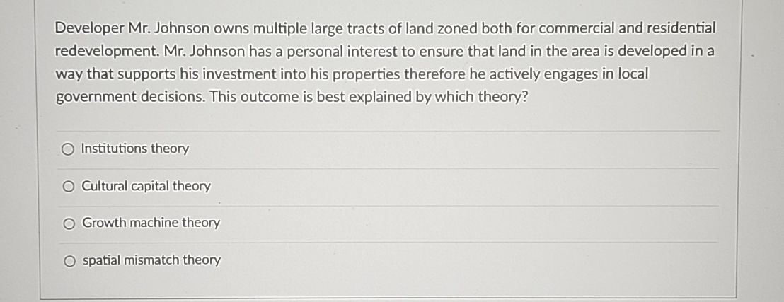 Solved Developer Mr. ﻿Johnson owns multiple large tracts of | Chegg.com