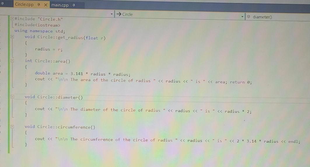 Solved Circle.h 7 * Circle 1 2. 3 4 5 Circle.cpp 4 main.cpp | Chegg.com