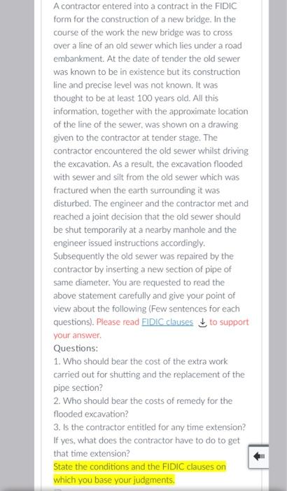 Solved A contractor entered into a contract in the FIDIC | Chegg.com