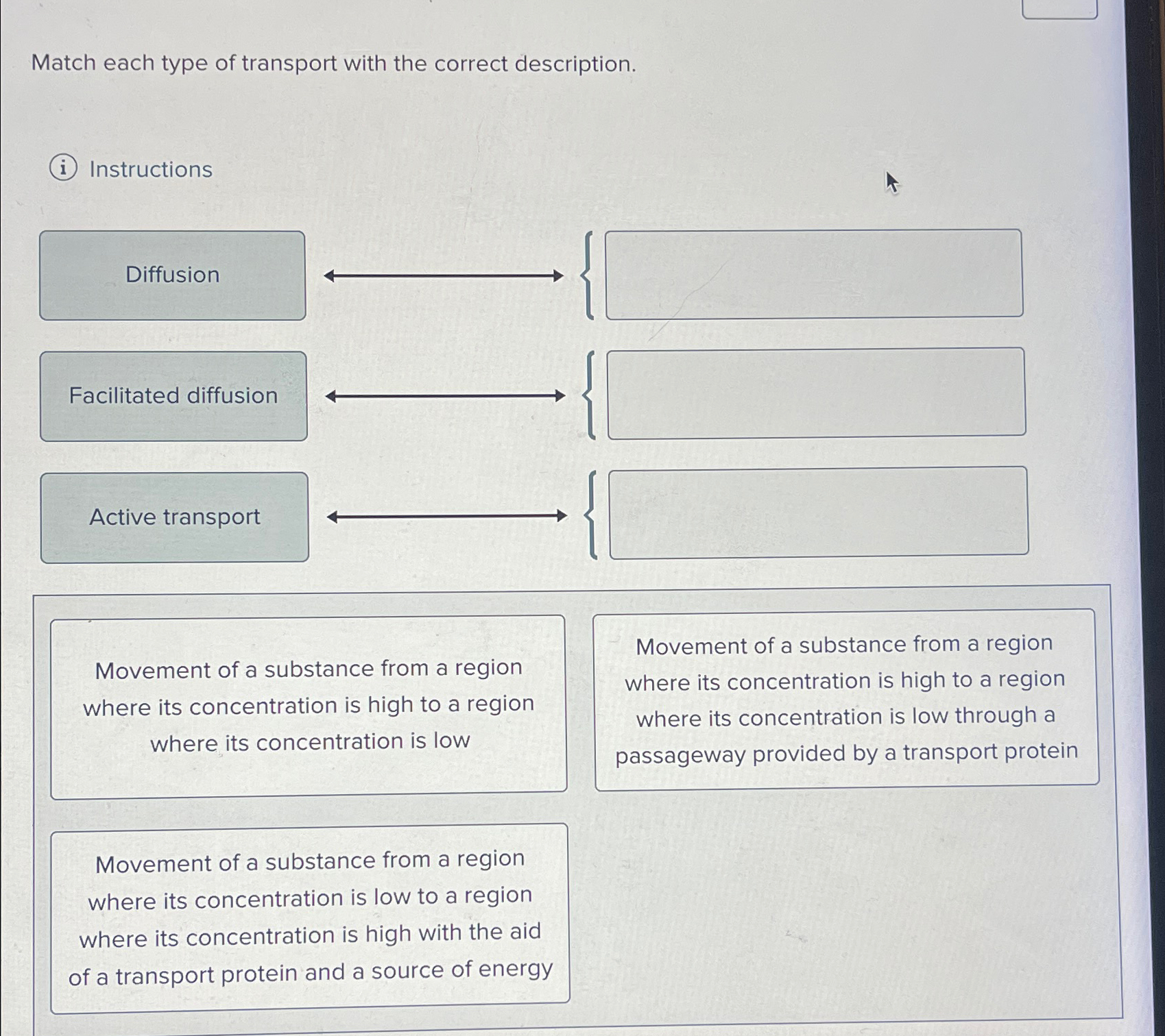 Solved Match each type of transport with the correct | Chegg.com
