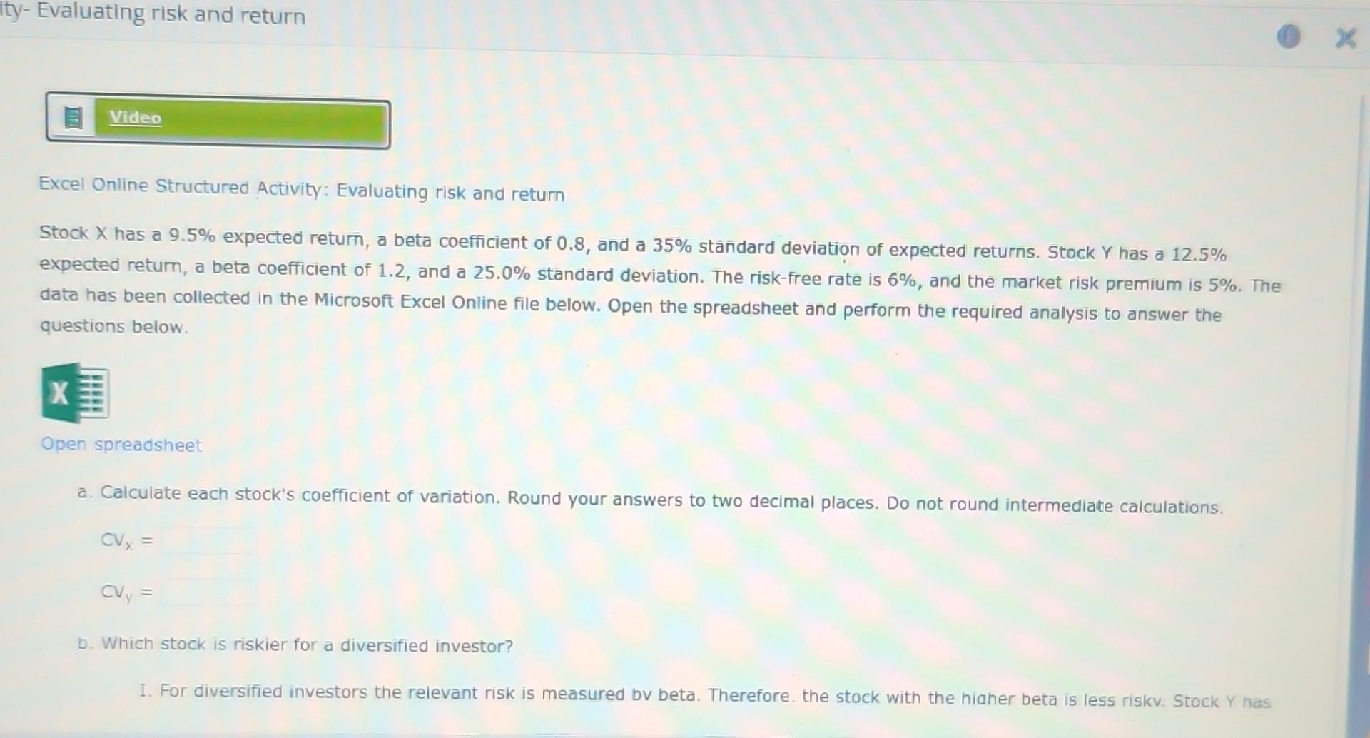 Solved Excel Online Structured Activity: Evaluating risk and | Chegg.com