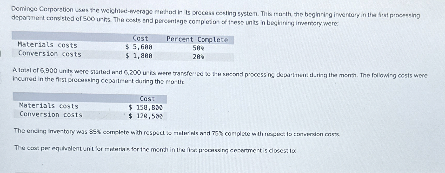 Solved Domingo Corporation uses the weighted-average method | Chegg.com
