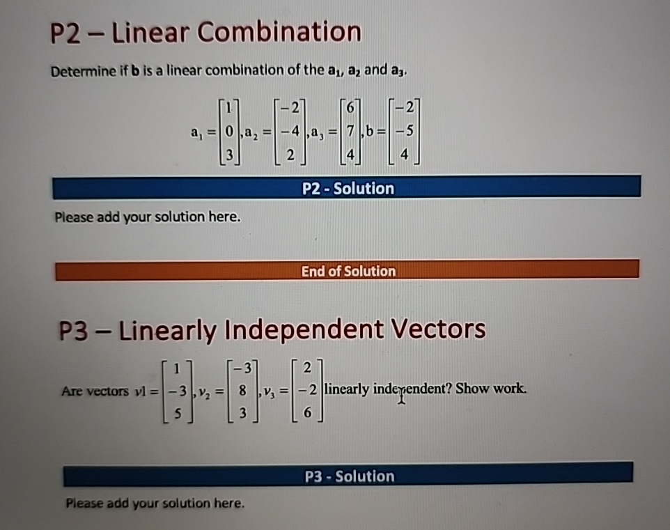 Solved P2 - ﻿Linear CombinationDetermine if b ﻿is a linear | Chegg.com