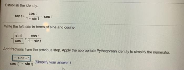 Solved Establish the identity. - tant + cost 1 - sint sect | Chegg.com