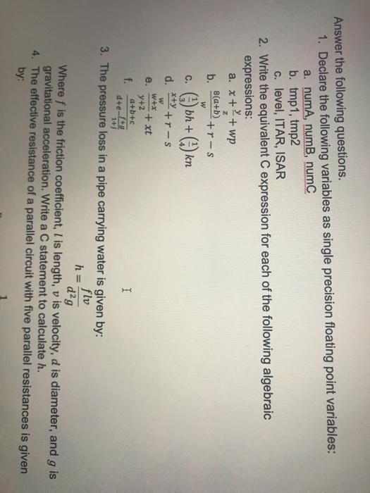 Solved Answer the following questions. 1. Declare the | Chegg.com