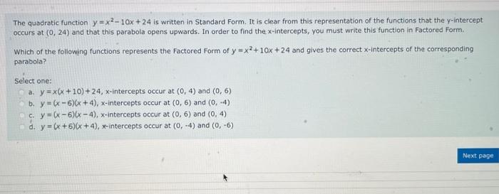 Solved The quadratic function y=x2−10x+24 is written in | Chegg.com