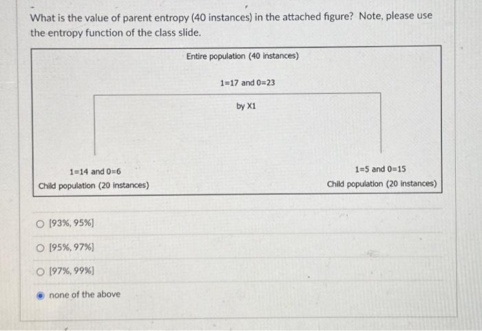 Solved What is the value of parent entropy ( 40 instances) | Chegg.com