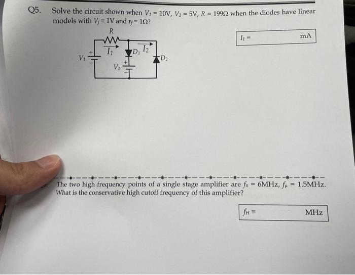Solved Q5. Solve the circuit shown when V1=10 V,V2=5 | Chegg.com