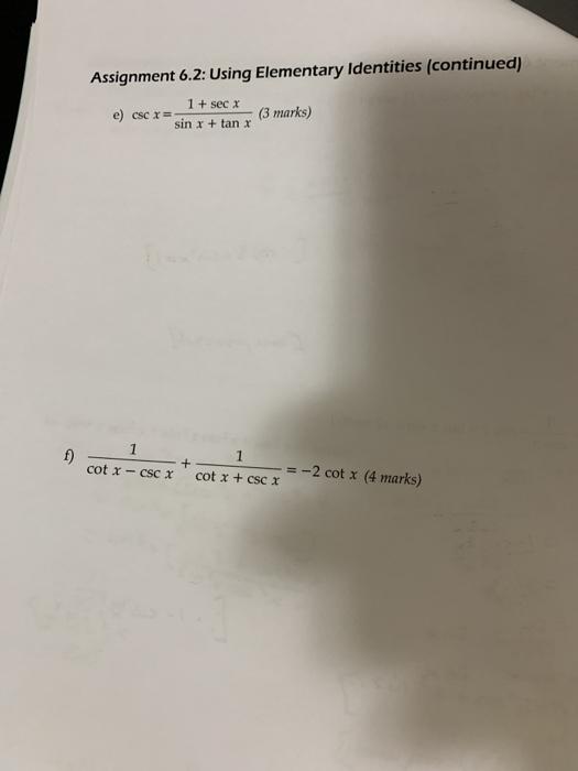 Solved 2x bing Elementary Identities (continued r (2 marks) | Chegg.com