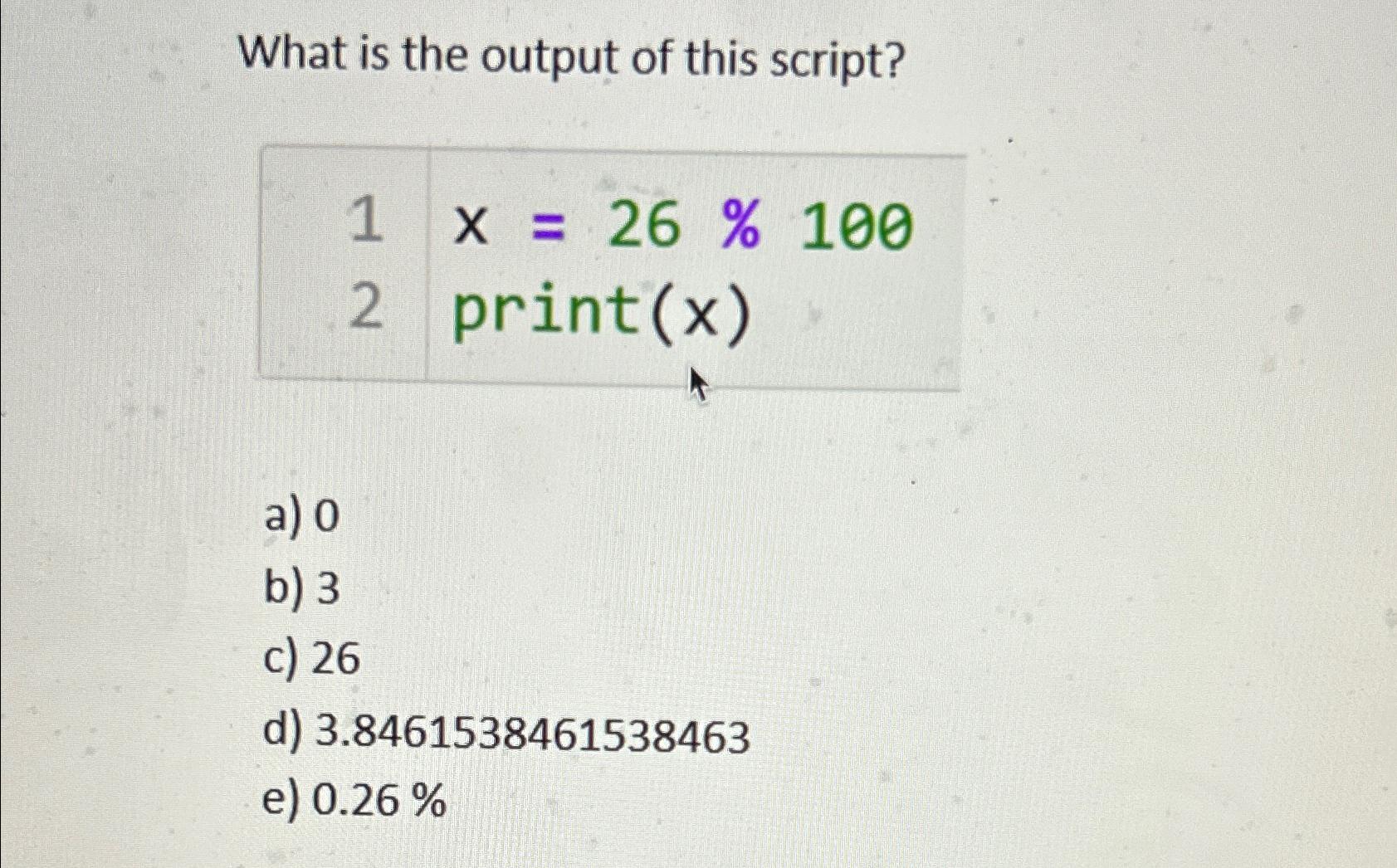 Solved What is the output of this script?1x=26%1002 | Chegg.com