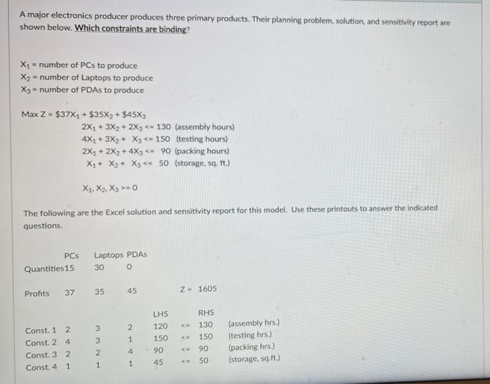 Solved A major electronics producer produces three primary | Chegg.com