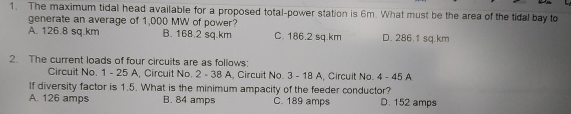 Solved 1. The maximum tidal head available for a proposed | Chegg.com
