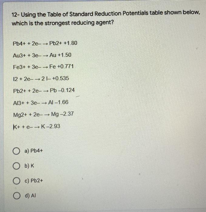 Solved 12- Using the Table of Standard Reduction Potentials | Chegg.com
