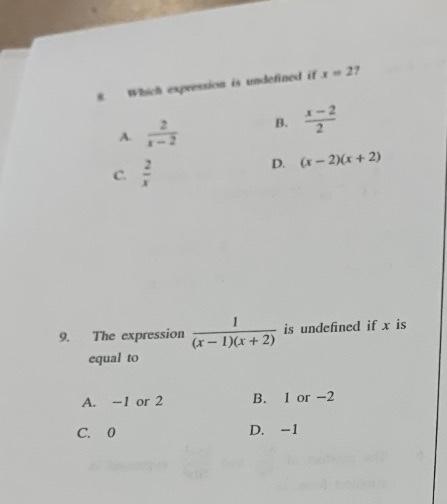 Solved Which expression is undefined if x 27 B. D. | Chegg.com