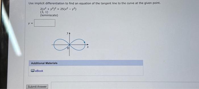 Solved 2(x2+y2)2=25(x2−y2)(3,1) (leminiscate) y= | Chegg.com