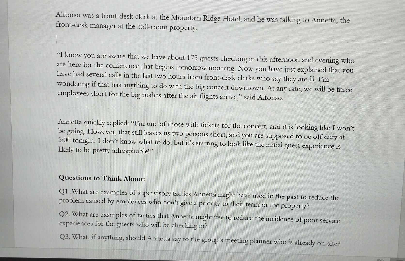 Solved Alfonso was a front-desk clerk at the Mountain Ridge | Chegg.com