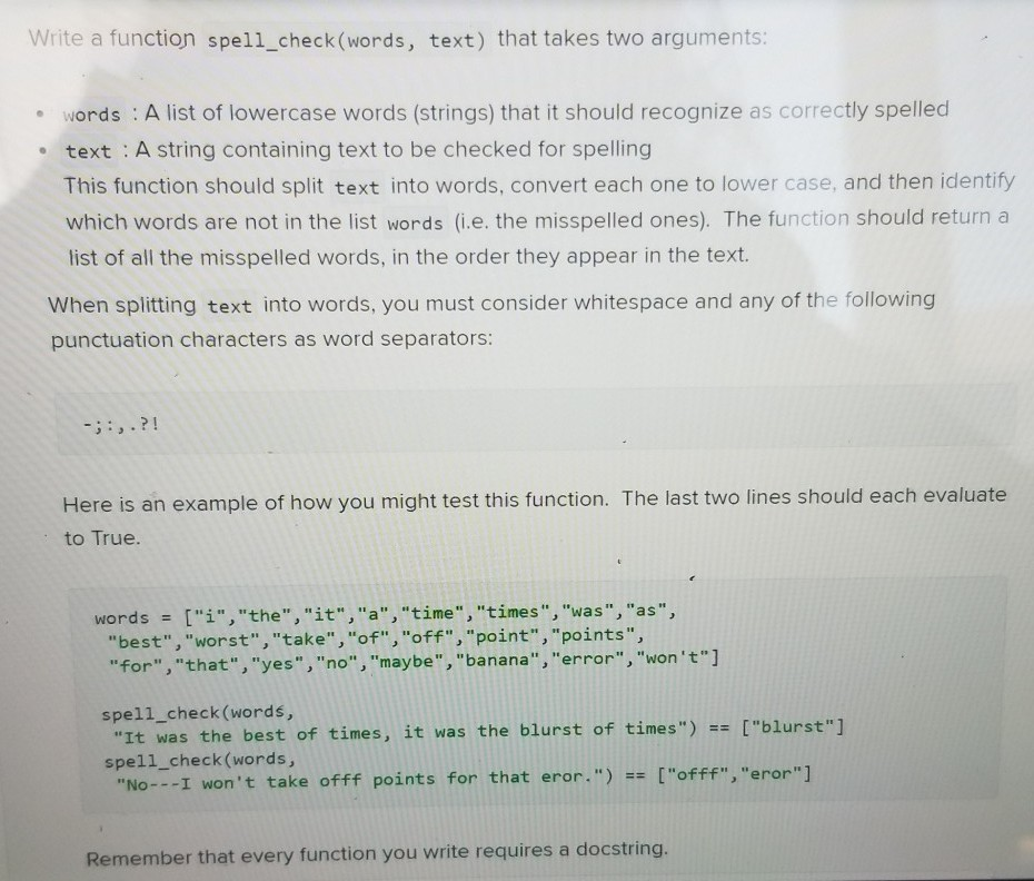 Solved Write a function spell_check(words, text) that takes | Chegg.com