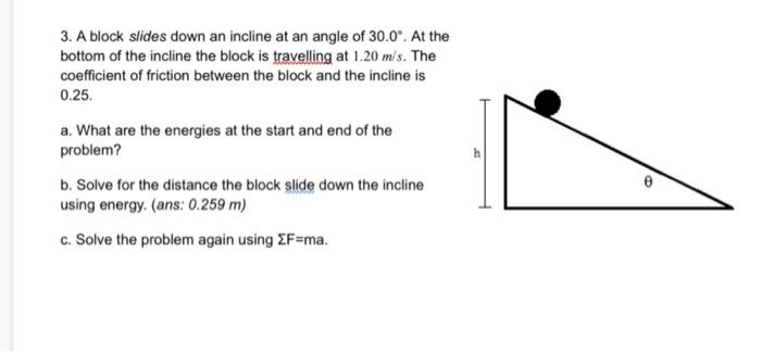 Solved 3. A block slides down an incline at an angle of | Chegg.com