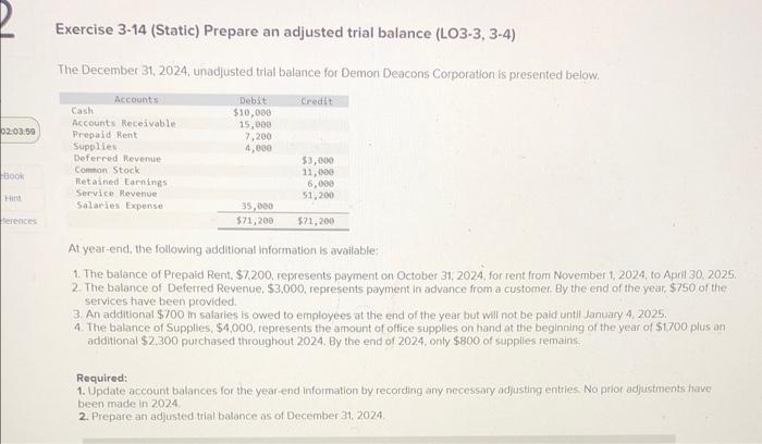 Solved Exercise 3-14 (Static) Prepare an adjusted trial | Chegg.com