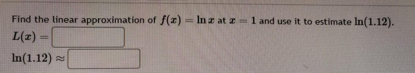 Solved Find the linear approximation of f(x)=lnx at x=1 and | Chegg.com