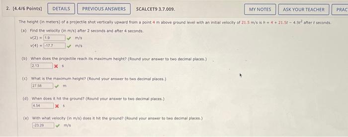 Solved The height (in meters) of a projectile shot | Chegg.com