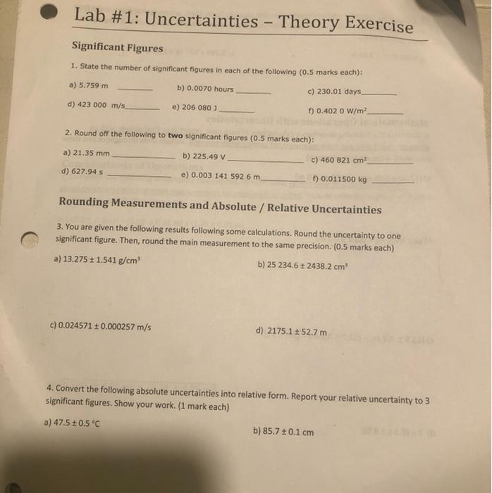 Solved Lab #1: Uncertainties - Theory Exercise Significant | Chegg.com