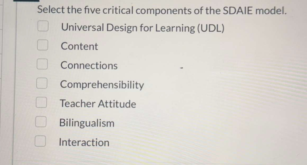 Solved Select the five critical components of the SDAIE | Chegg.com