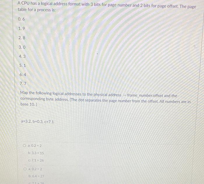 Solved A CPU has a logical address format with 3 bits for | Chegg.com