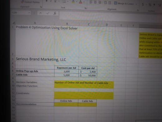 Solved 5 G20 A 1 Problem 4 Optimization Using Excel Solver C | Chegg.com