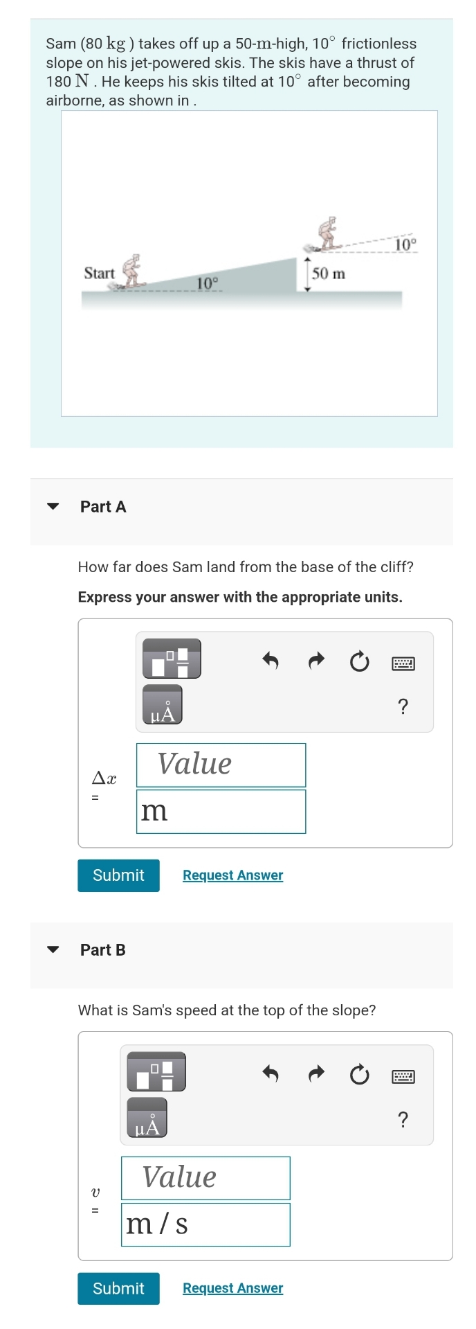 Solved Sam (80kg) ﻿takes off up a 50-m-high, 10° | Chegg.com