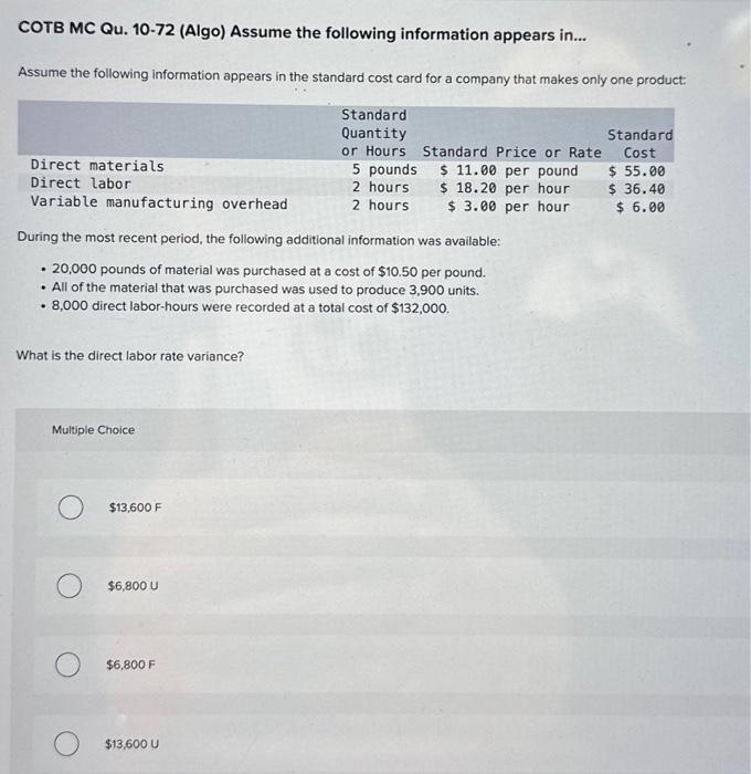 Solved COTB MC Qu. 10-72 (Algo) Assume the following | Chegg.com