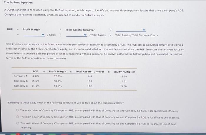 Solved The DuPont Equation A DuPont analysis is conducted | Chegg.com